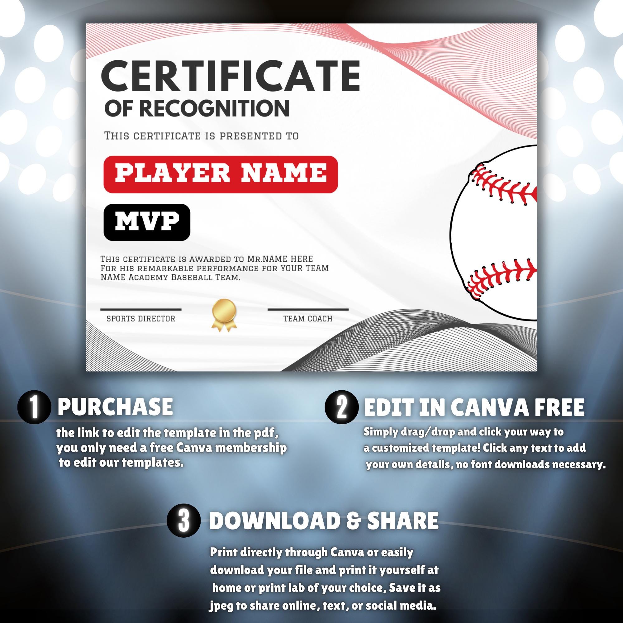 Editable Baseball Award Certificate Template (canva, 11x8.5) (digital ...