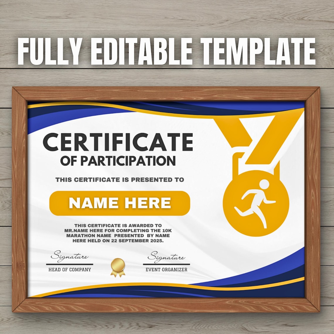 Running Marathon Award Certificate Editable Printable Participation ...