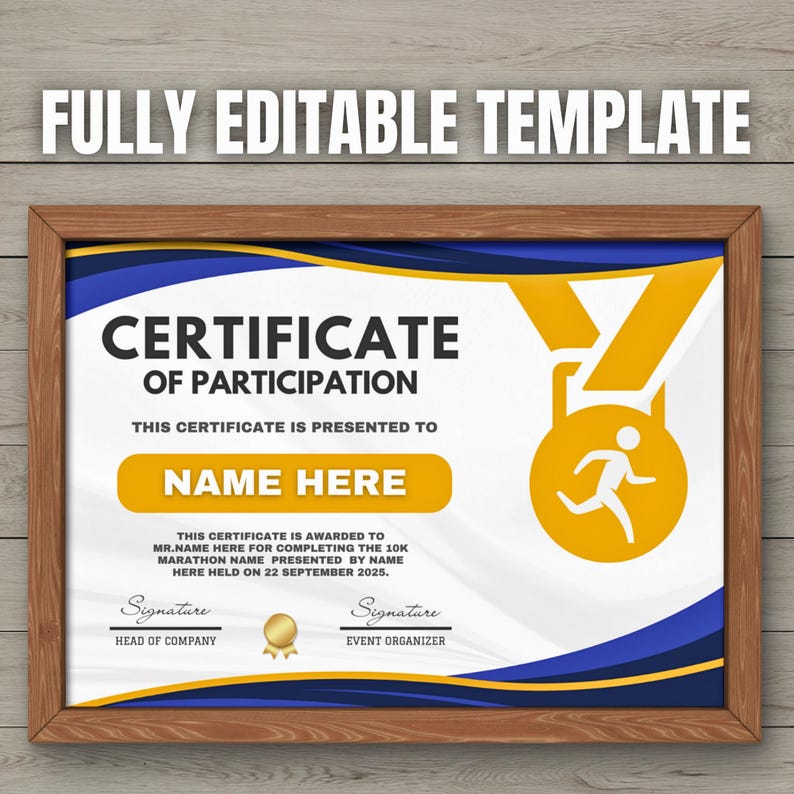Running Marathon Award Certificate Editable Printable Participation ...