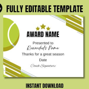 Editable Tennis Certificate Award Canva Template, Printable Tennis End ...