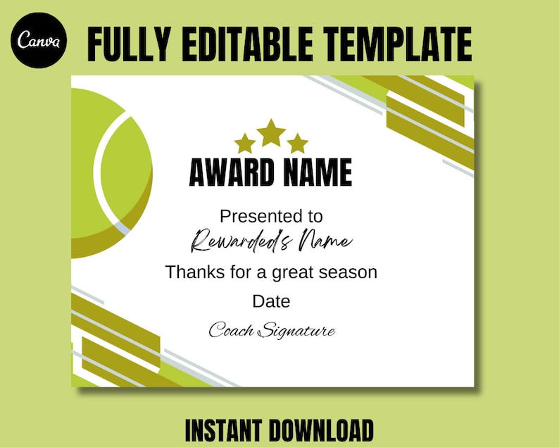 Editable Tennis Certificate Award Canva Template, Printable Tennis End ...