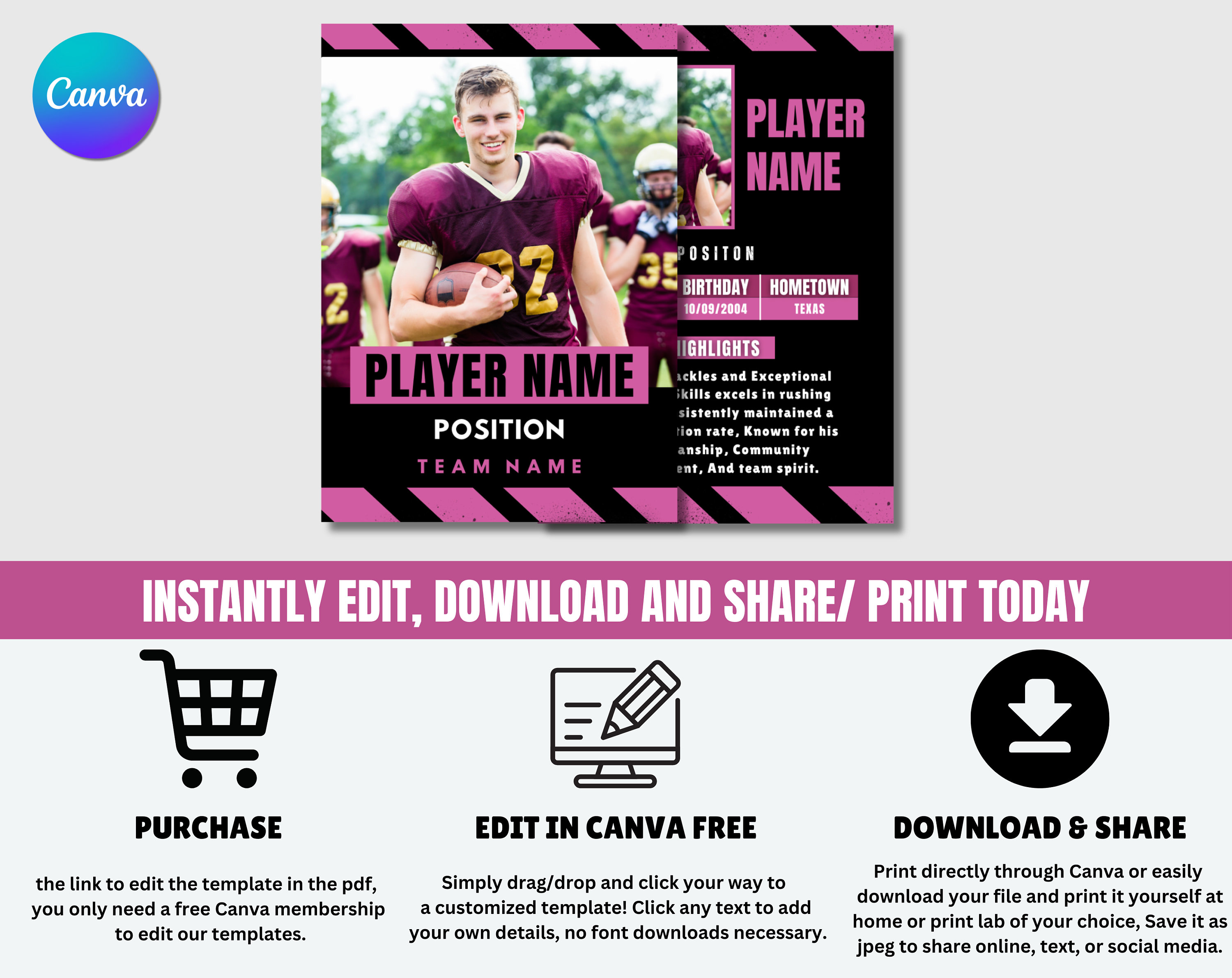Football Trading Cards Template, Custom DIY Sports Card, Personalized ...