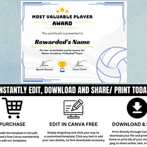 Editable Volleyball Certificate Award Canva Template,printable ...