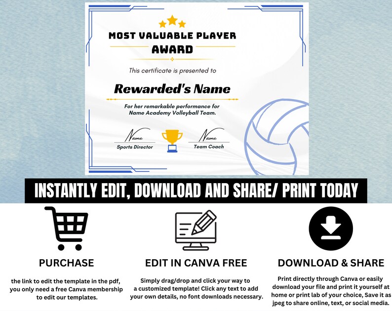 Editable Volleyball Certificate Award Canva Template,printable ...