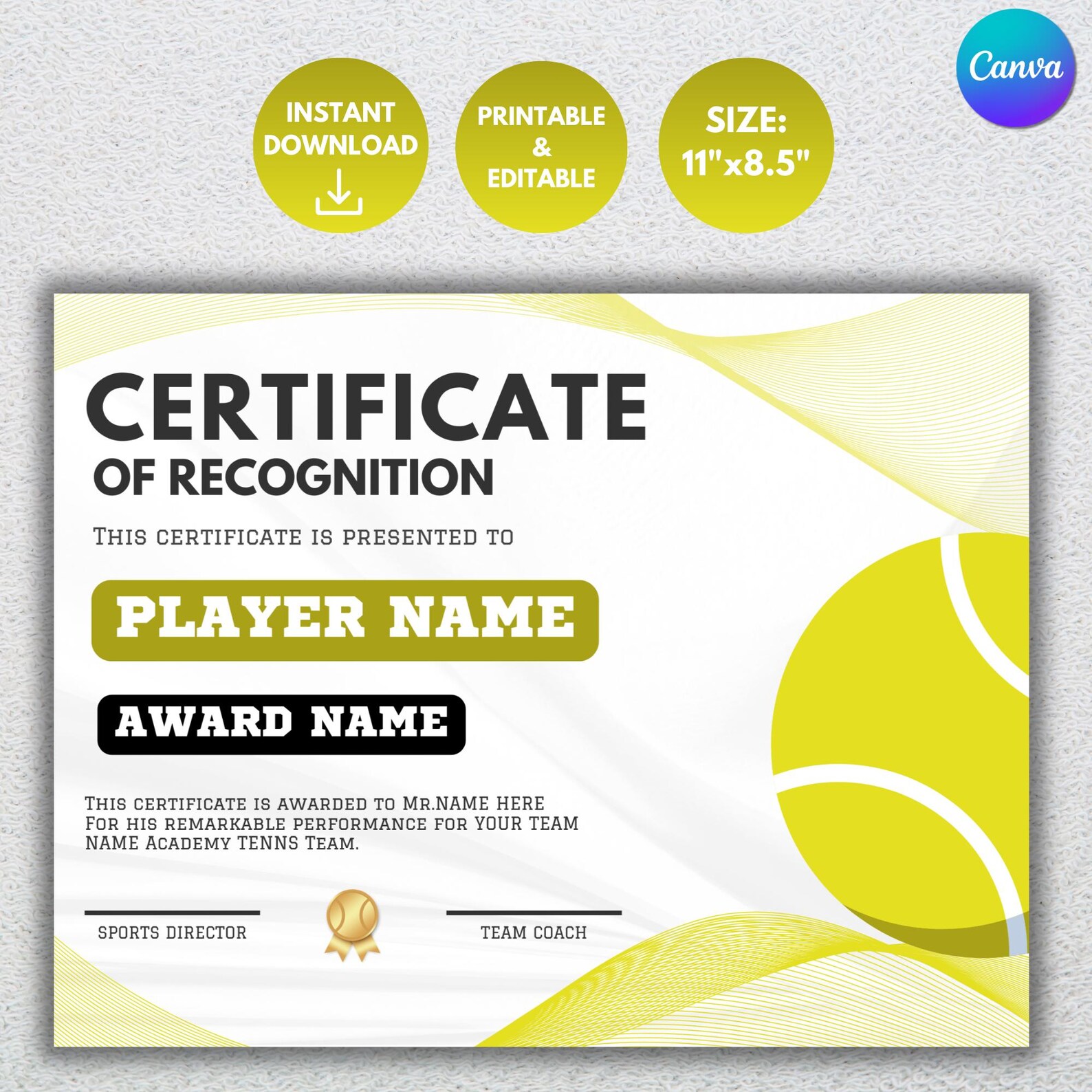 Custom Tennis Certificates Award Canva Template, Custome Tennis End of ...