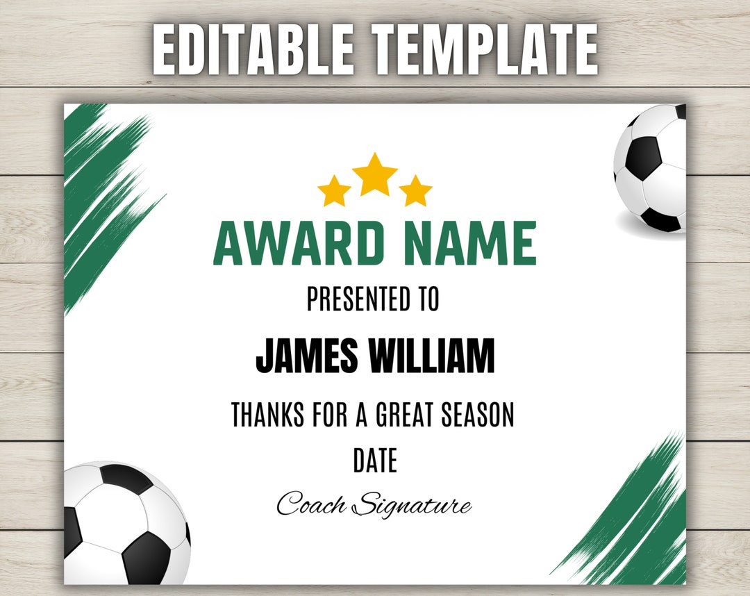 Editable Soccer Certificate Award Printable Soccer End of Season Award ...