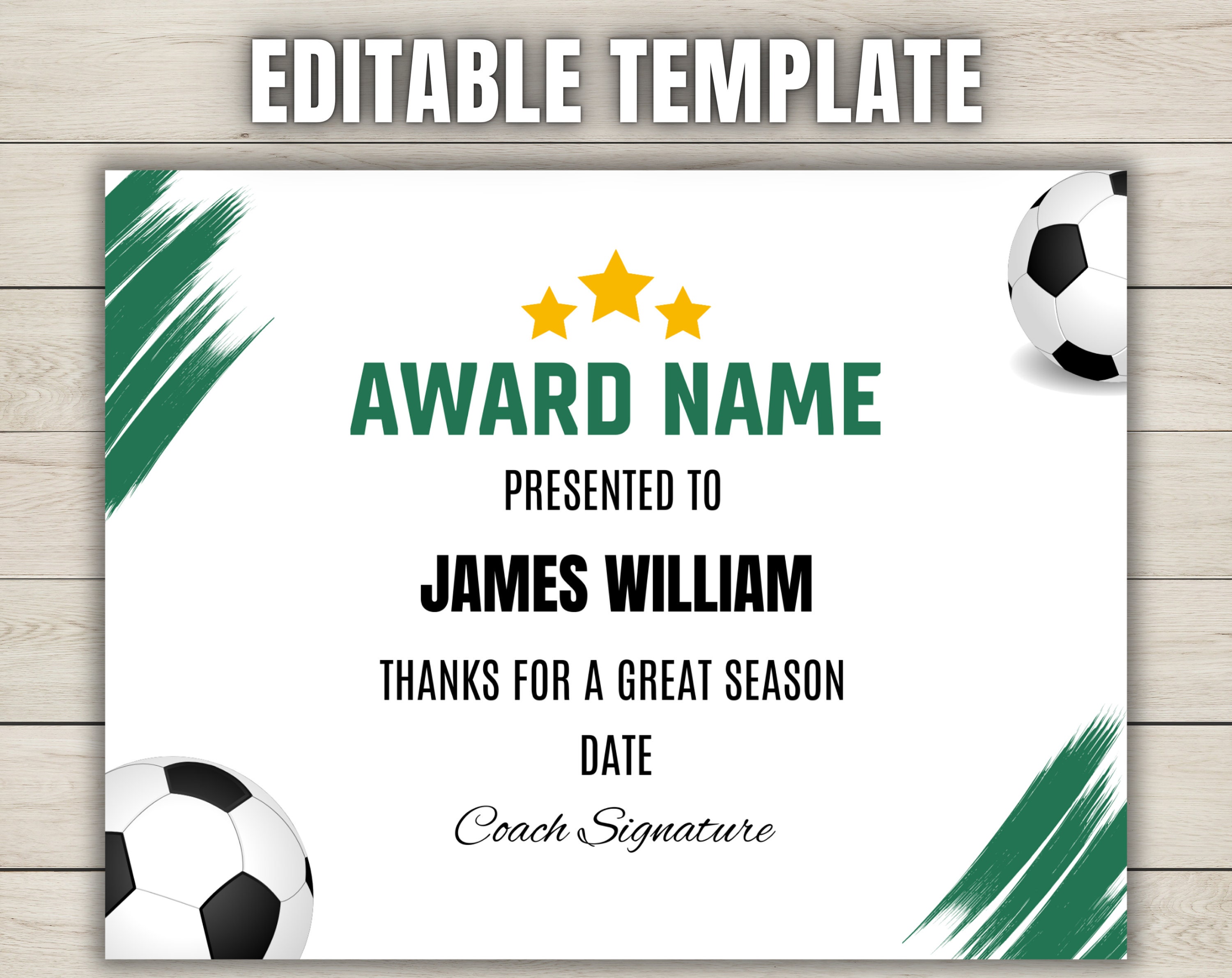 Editable Soccer Certificate Award Printable Soccer End of Season Award ...