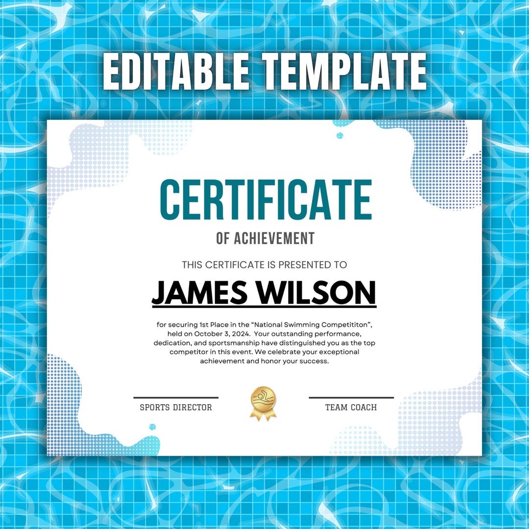 Swimming Award Certificate Canva Template (digital Download) - Etsy
