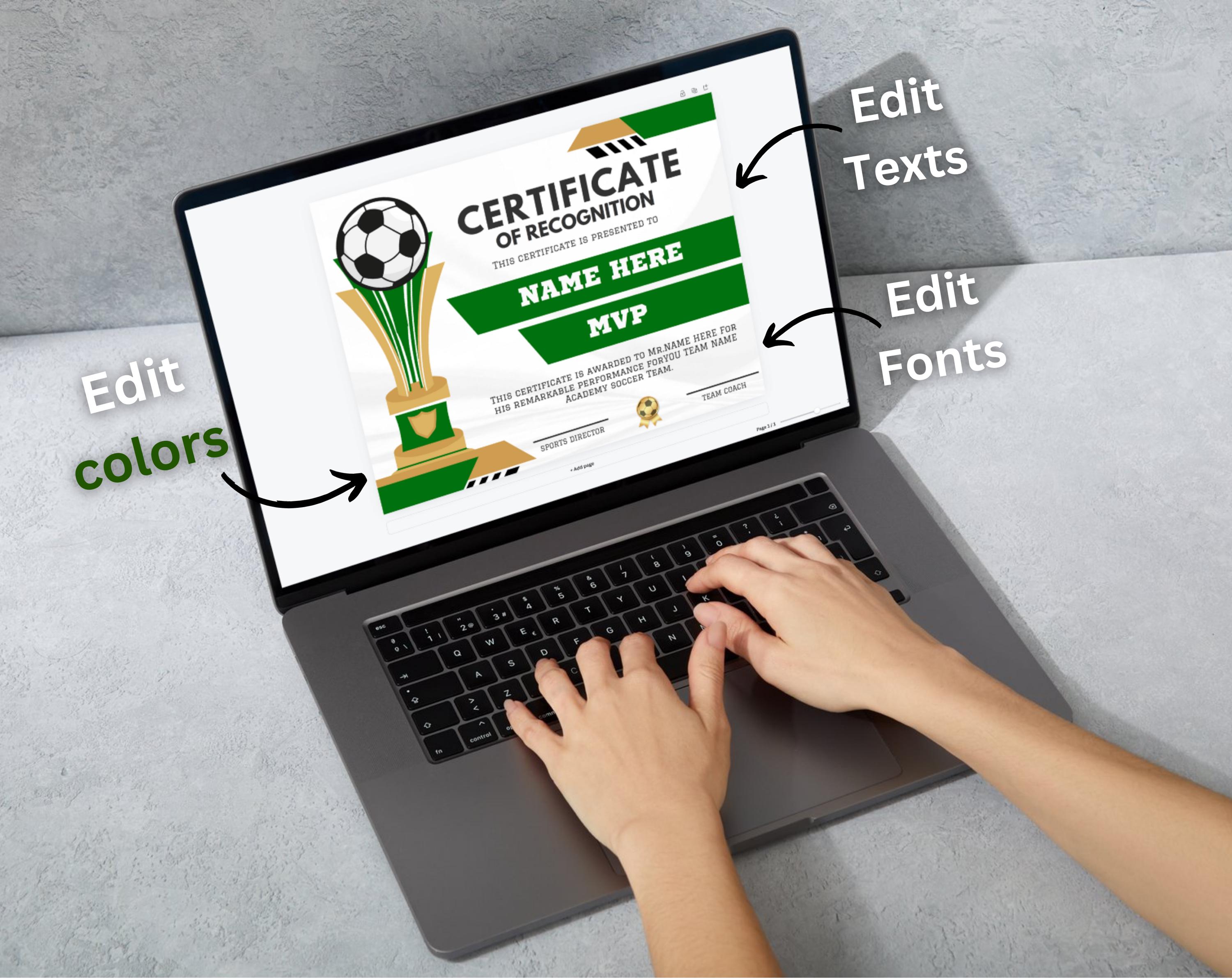 Editable Soccer Certificates Award Canva Template, Custome Soccer End ...