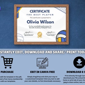 Editable Volleyball Certificate Award Template Printable Personalized ...