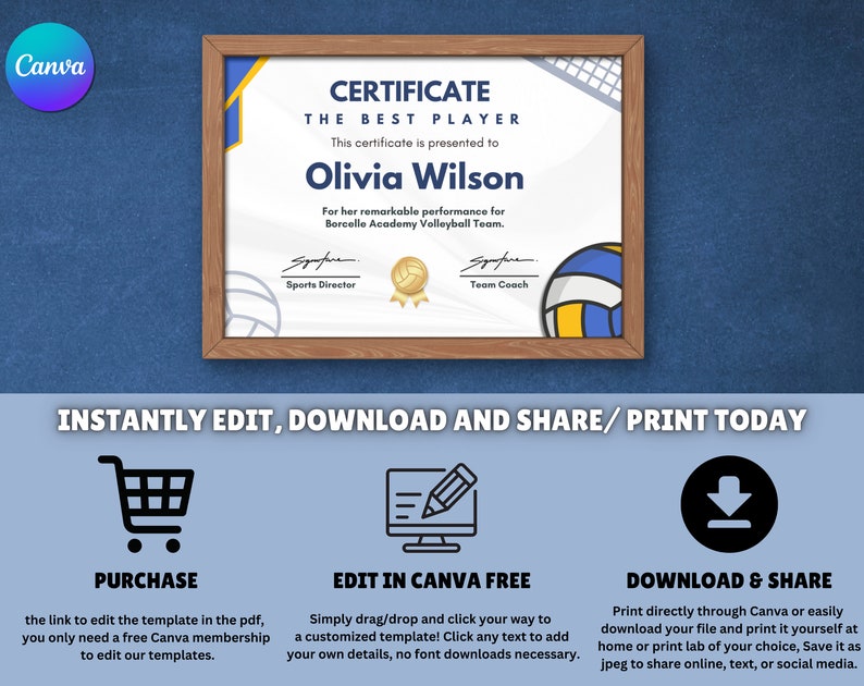 Editable Volleyball Certificate Award Template Printable Personalized ...