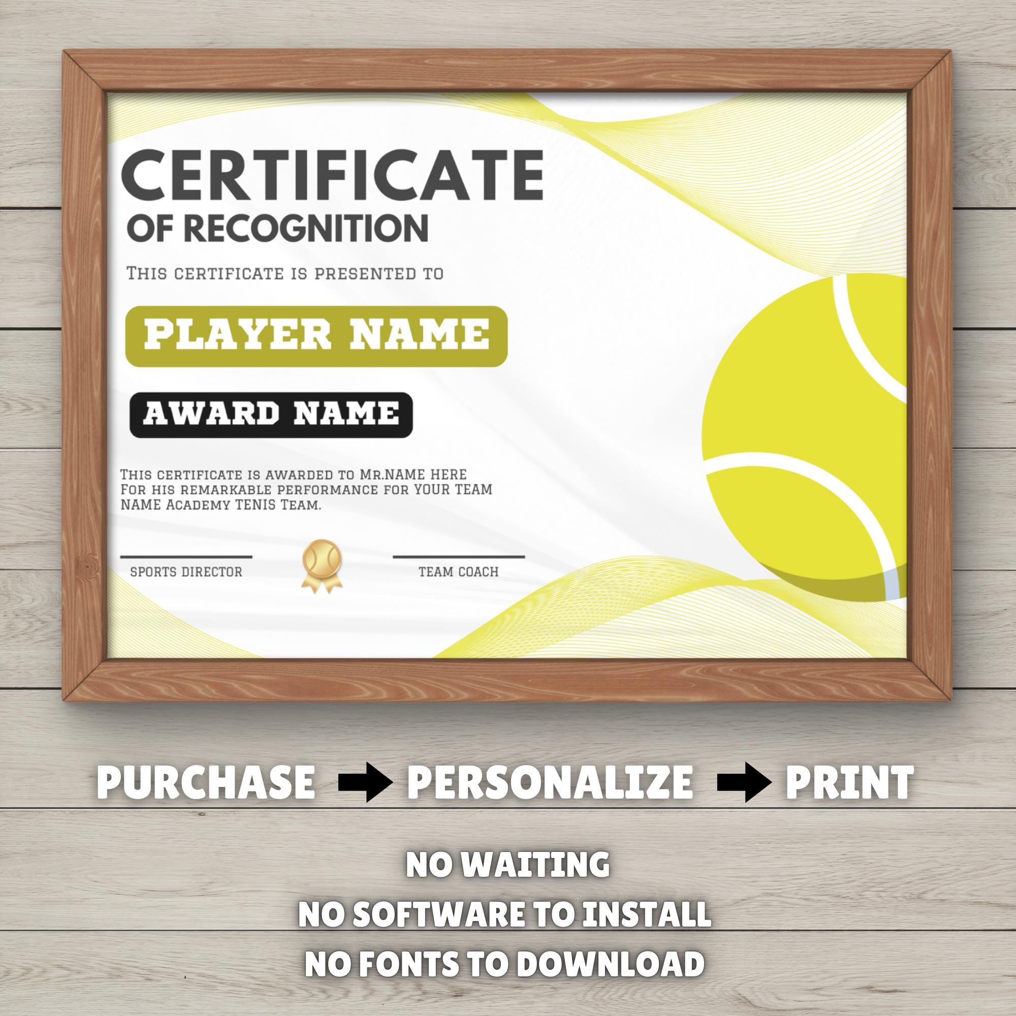 Custom Tennis Certificates Award Canva Template, Custome Tennis End of ...