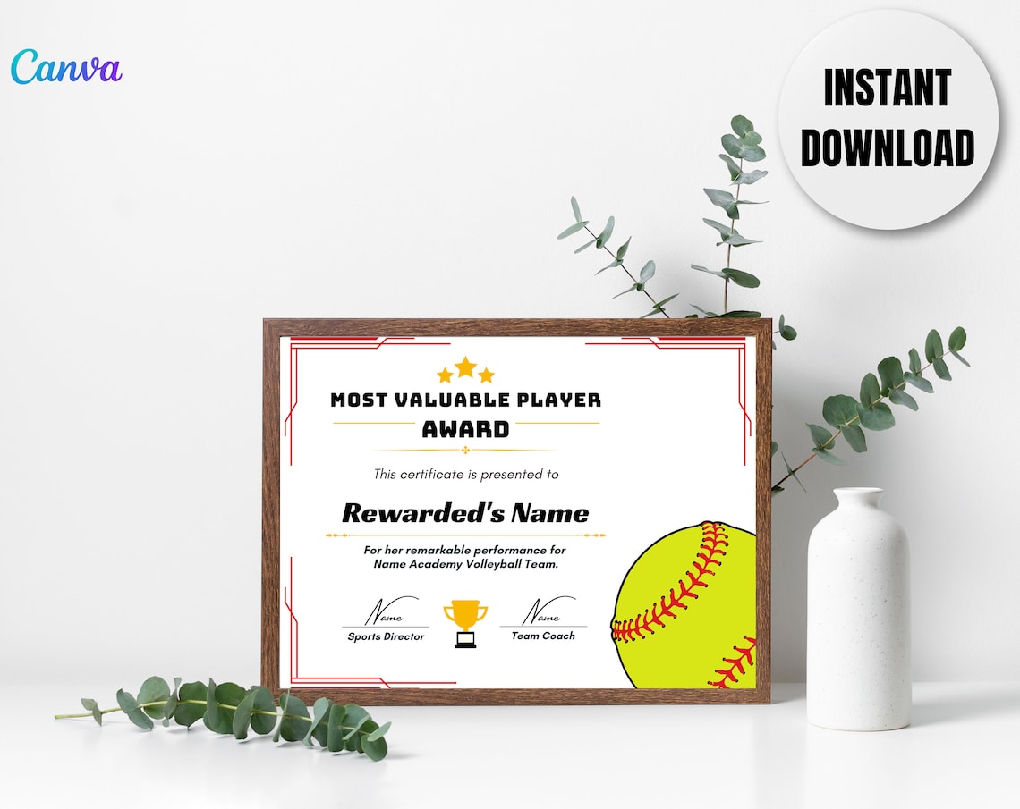 Editable Softball Award Certificate, Team Party Printable, Canva ...