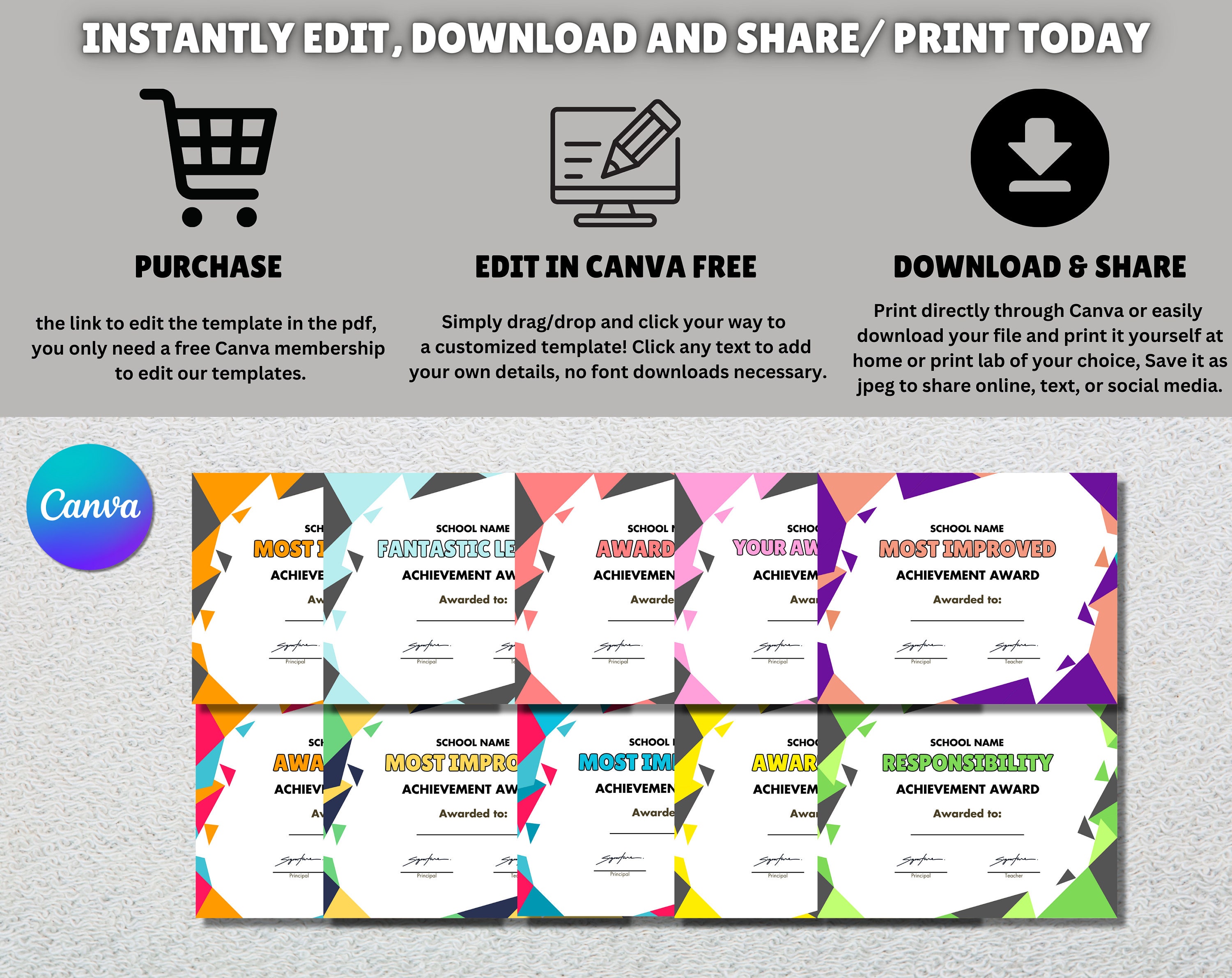 School Classroom Printable Award Certificate Canva Template Bundle ...