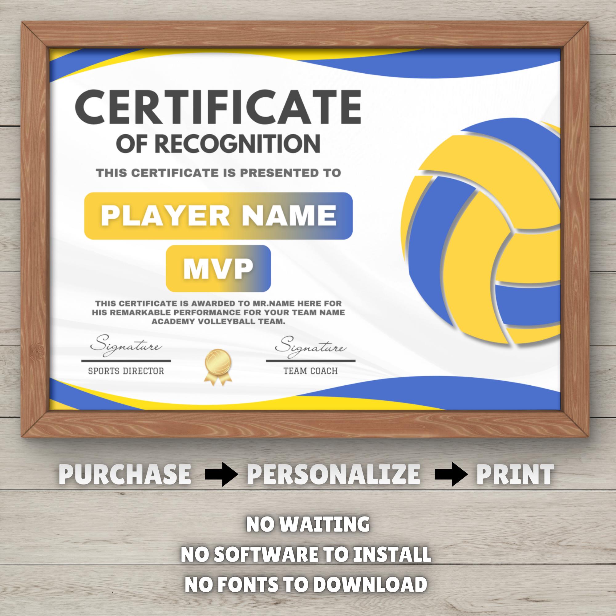 Volleyball Certificate Award End of Season/year Ceremony Editable Team ...