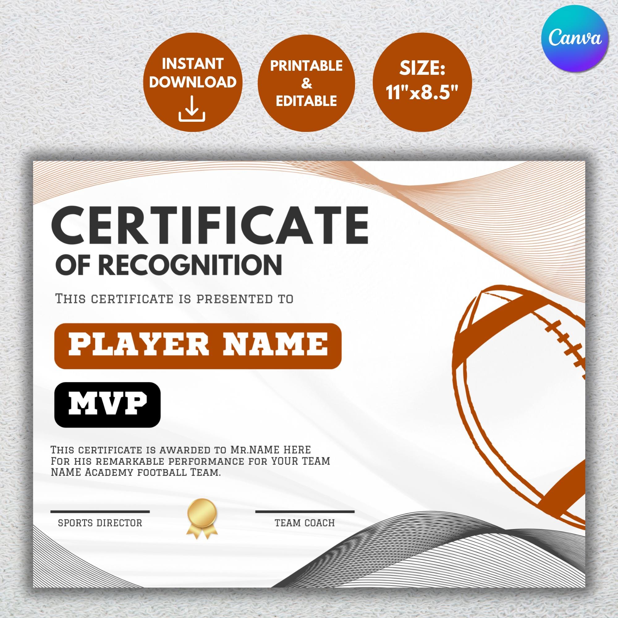 Football Team Certificate Award Canva Template Editable Printable ...