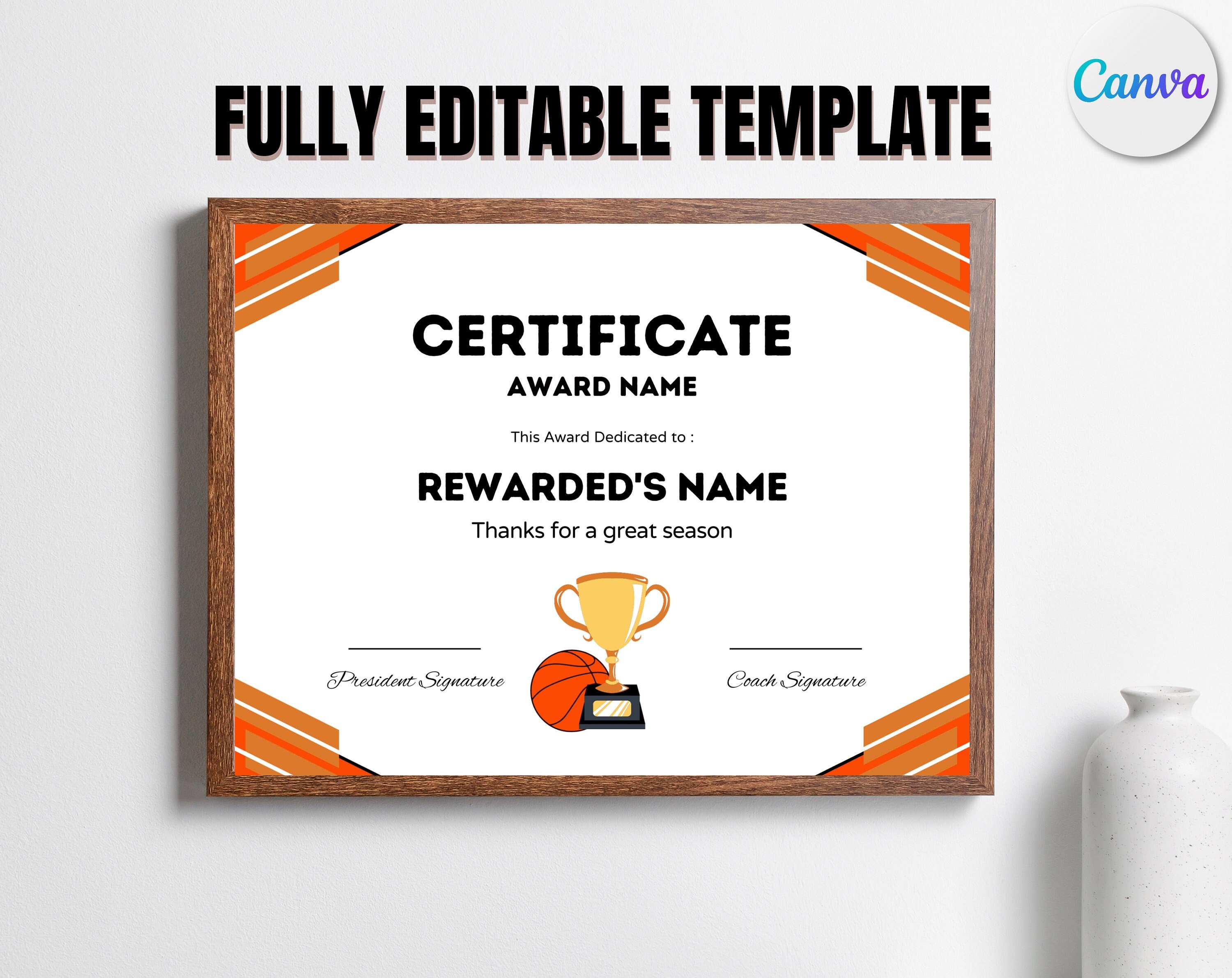 Basketball Award Certificate Editable Canva Template,printable Award ...