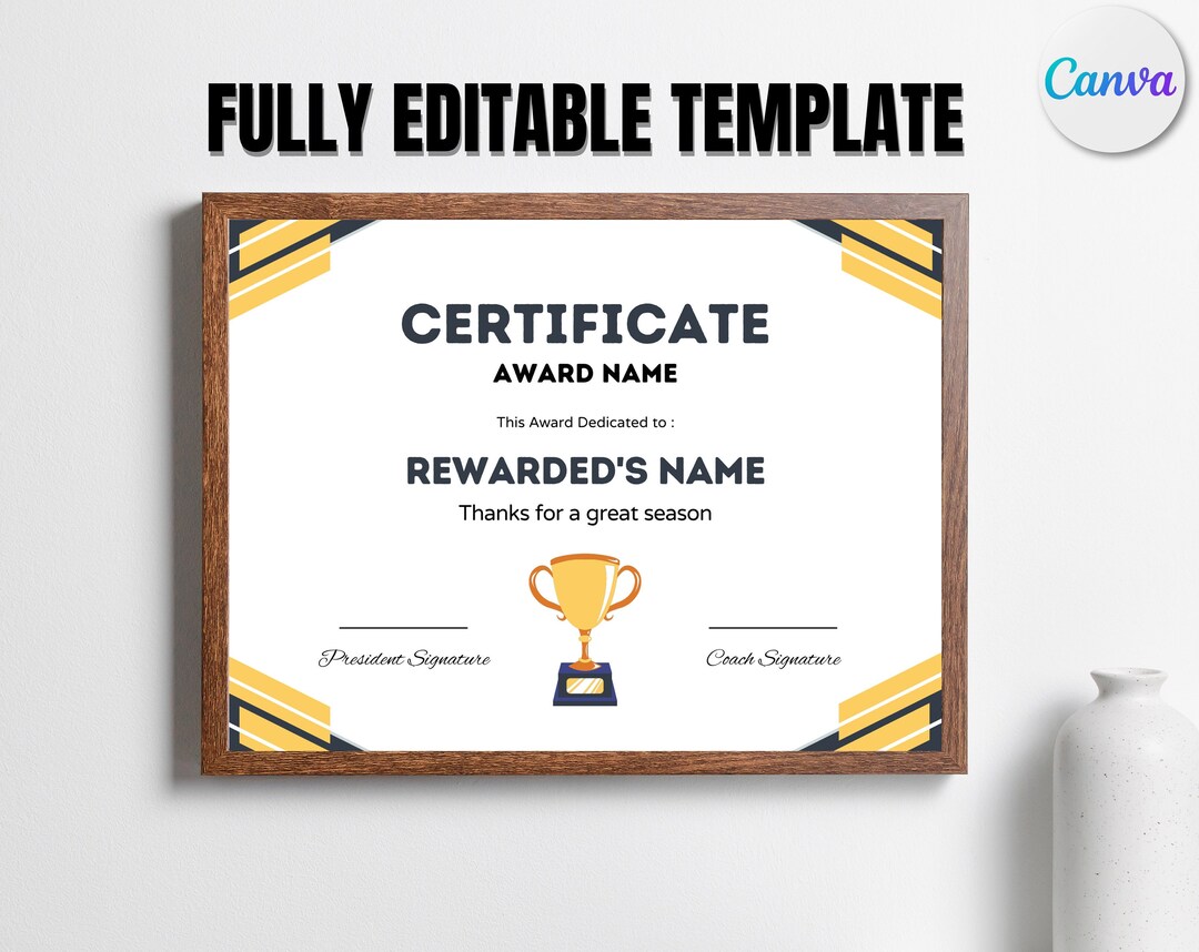 Editable Simple Certificate Award Canva Template, Printable End of ...