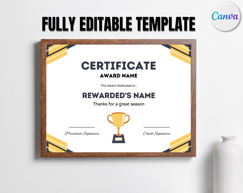 Editable Simple Certificate Award Canva Template, Printable End of ...