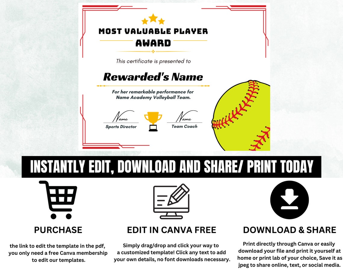Editable Softball Award Certificate, Team Party Printable, Canva ...