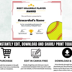 Editable Softball Award Certificate, Team Party Printable, Canva ...