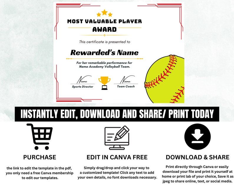Editable Softball Award Certificate, Team Party Printable, Canva ...