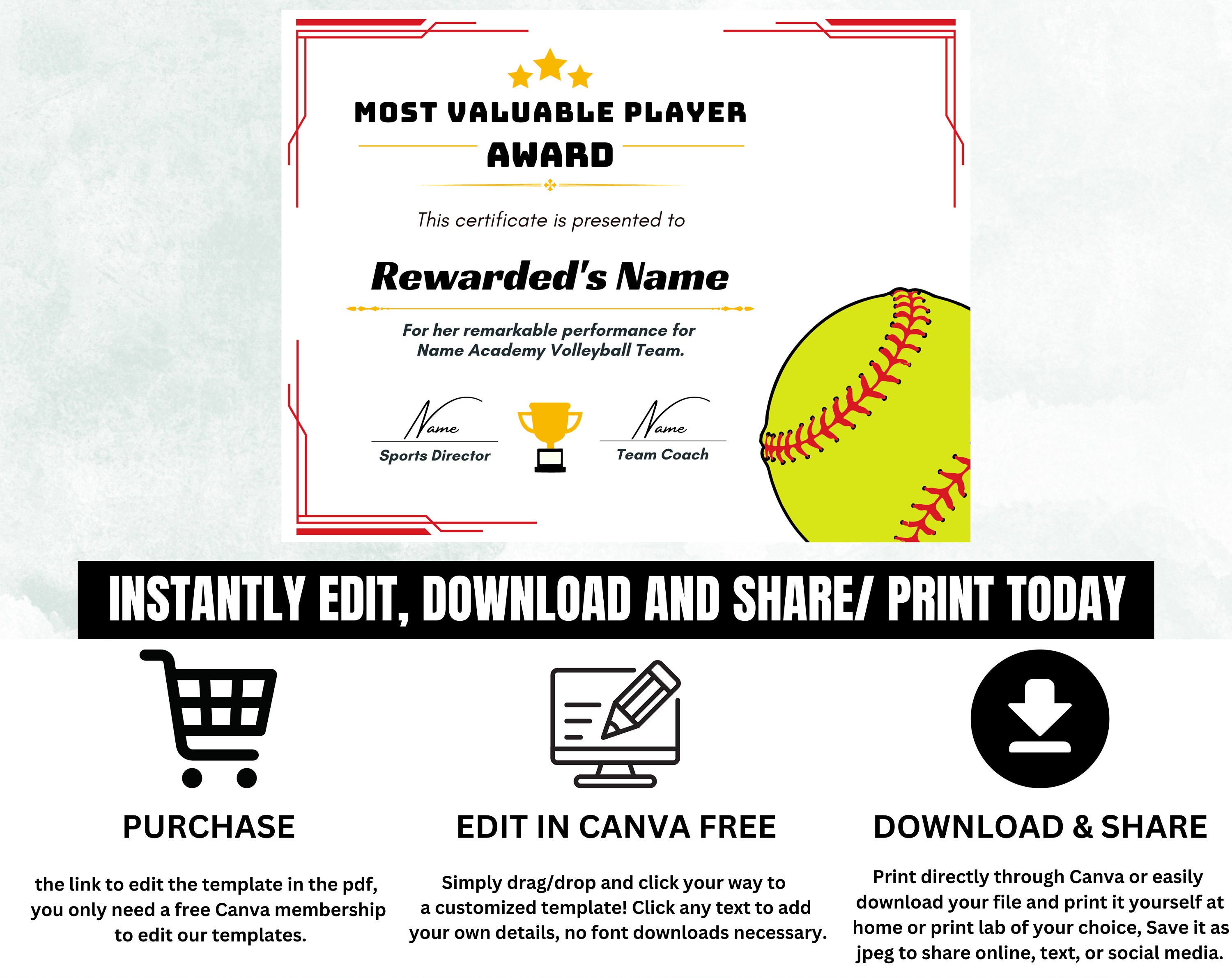 Editable Softball Award Certificate, Team Party Printable, Canva ...