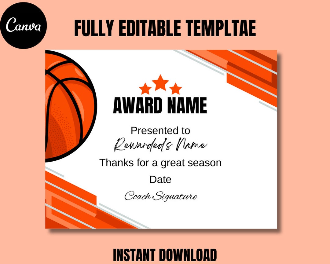 Editable Basketball Certificate Award Canva Template, Printable ...