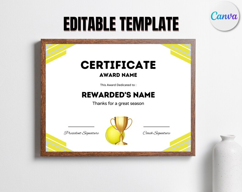 Editable Tennis Certificate Award Canva Template, Printable Tennis End ...