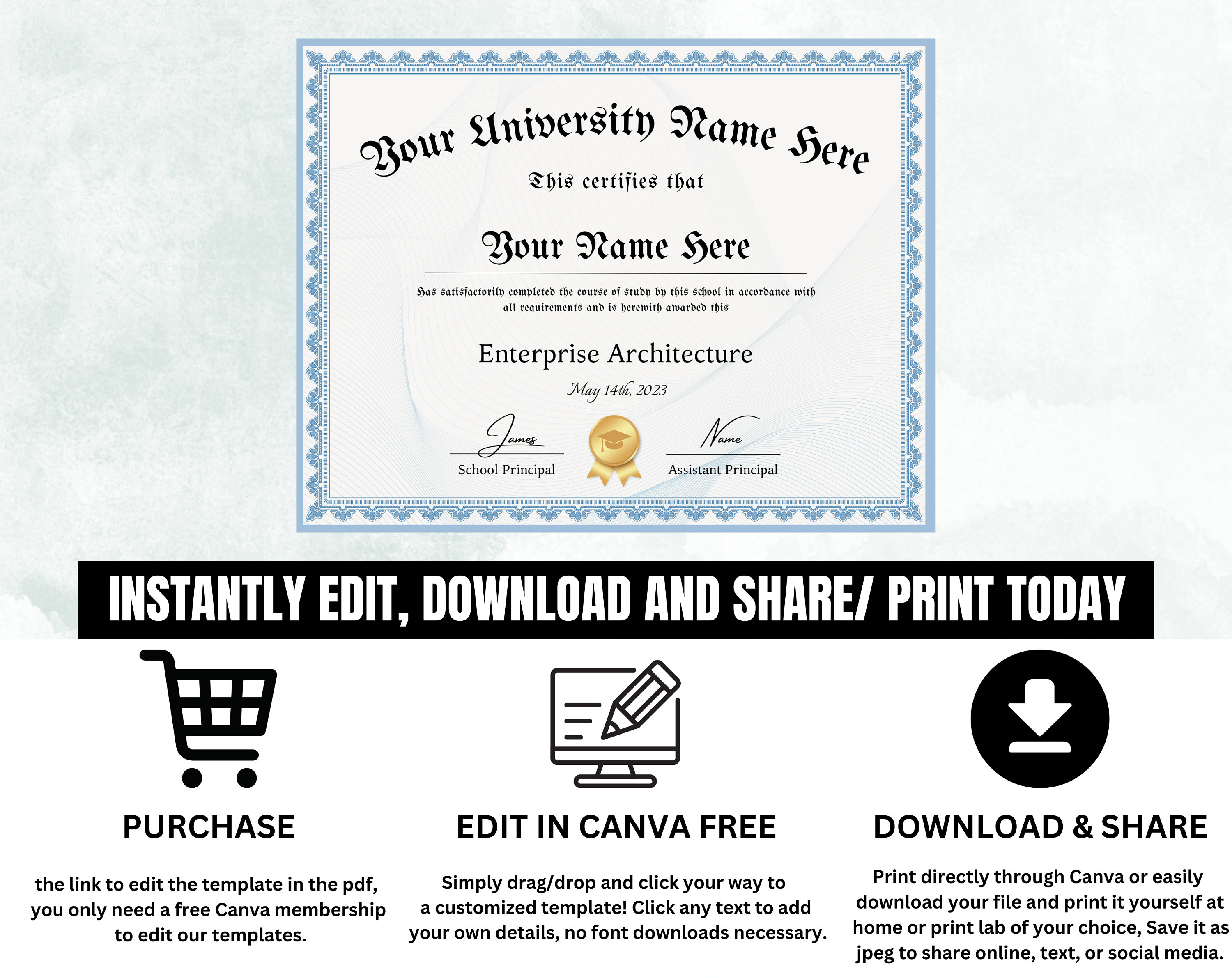 Classic University Diploma Template, College Diploma Design, Editable ...
