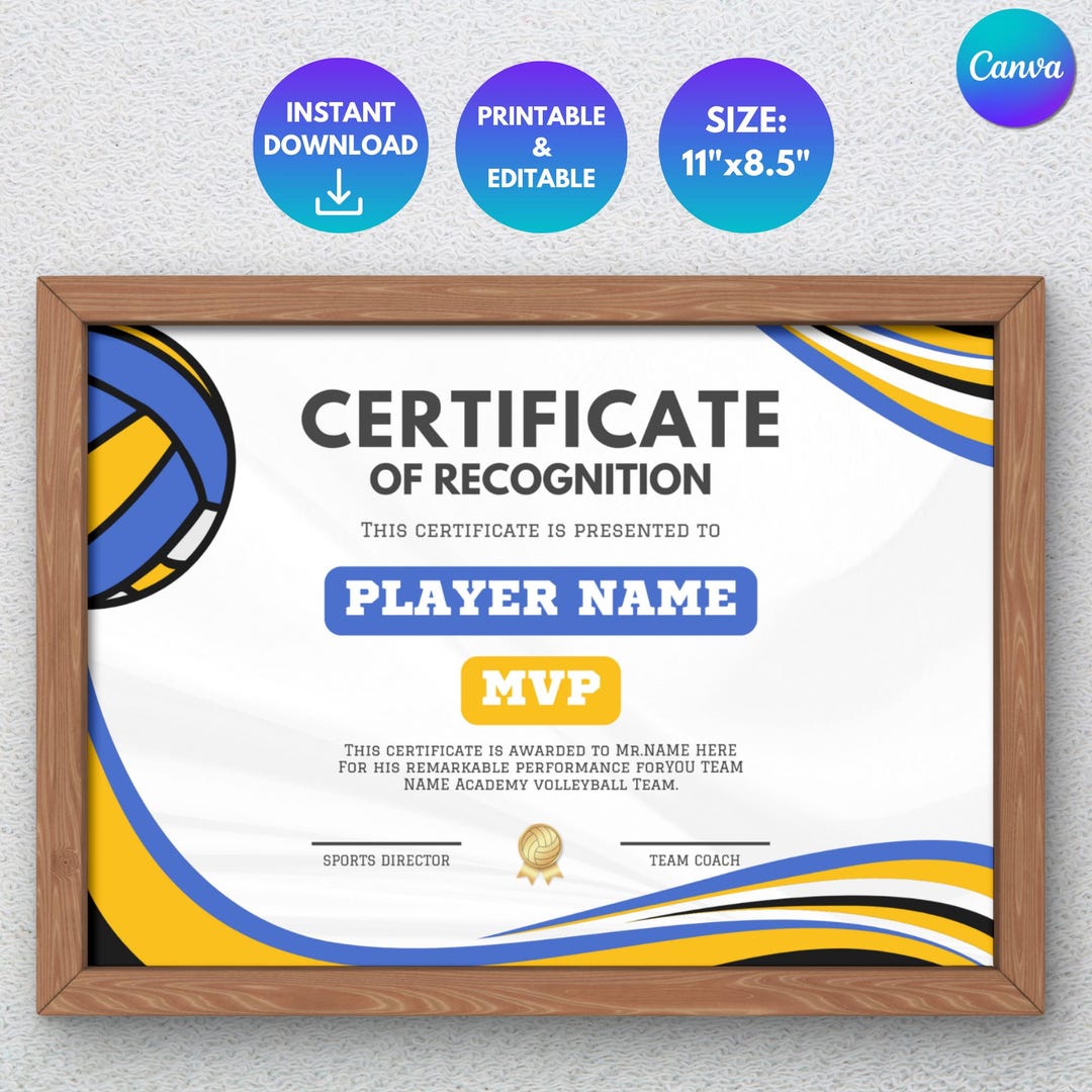 Editable Printable Volleyball Team Certificate End of Season Custom ...