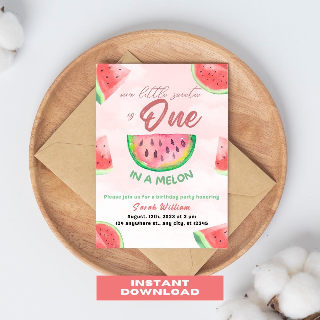 Editable Watermelon Birthday Invitation One in a Melon Birthday Party ...