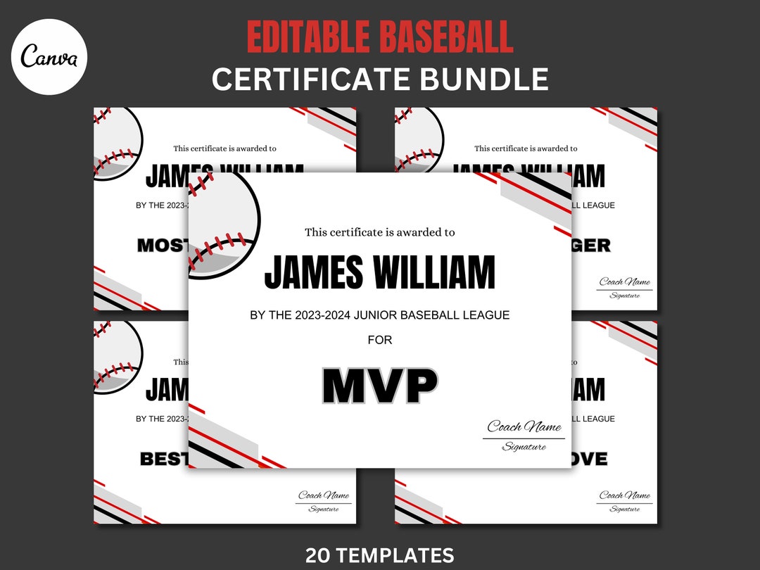 Editable Baseball Award Certificate Template Bundle (canva) - Etsy