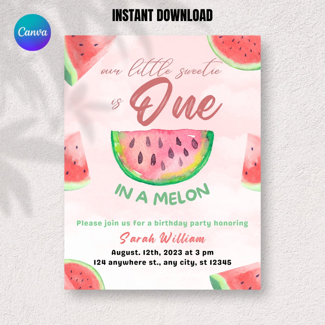 Editable Watermelon Birthday Invitation One in a Melon Birthday Party ...