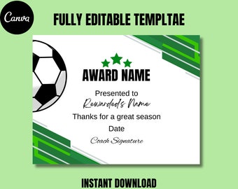 Editable Soccer Certificate Award Printable Soccer End of Season Award ...