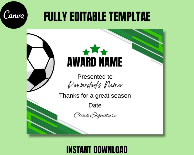 Editable Soccer Certificate Award Canva Template, Printable Soccer End ...