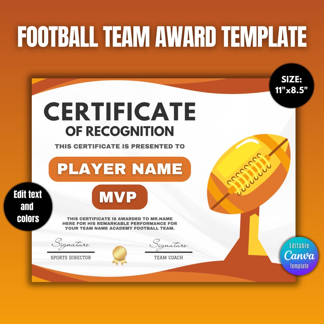 Editable Football Team Award Certificate Template Printable Football ...