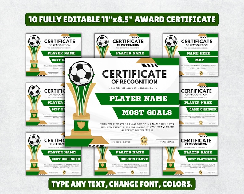 Editable Soccer Certificates Award Canva Template, Custome Soccer End ...