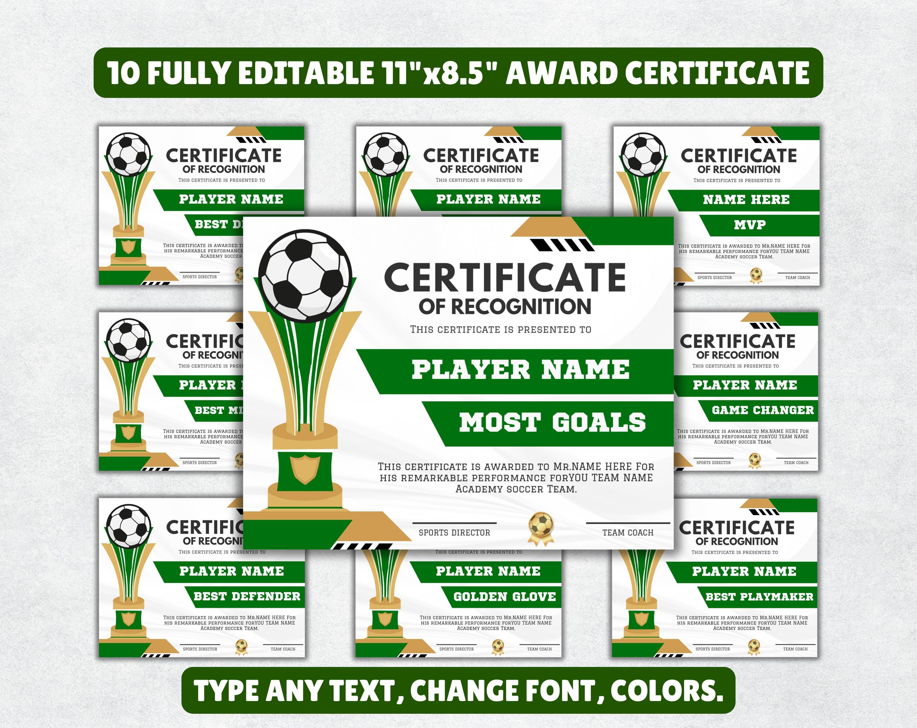 Editable Soccer Certificates Award Canva Template, Custome Soccer End ...