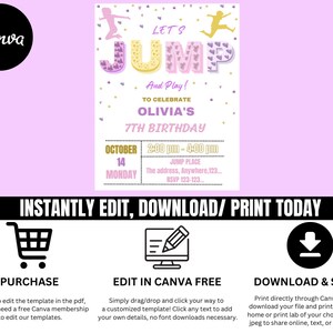 Editable Jump Birthday Invitation Trampoline Invite Party Bounce Jump ...