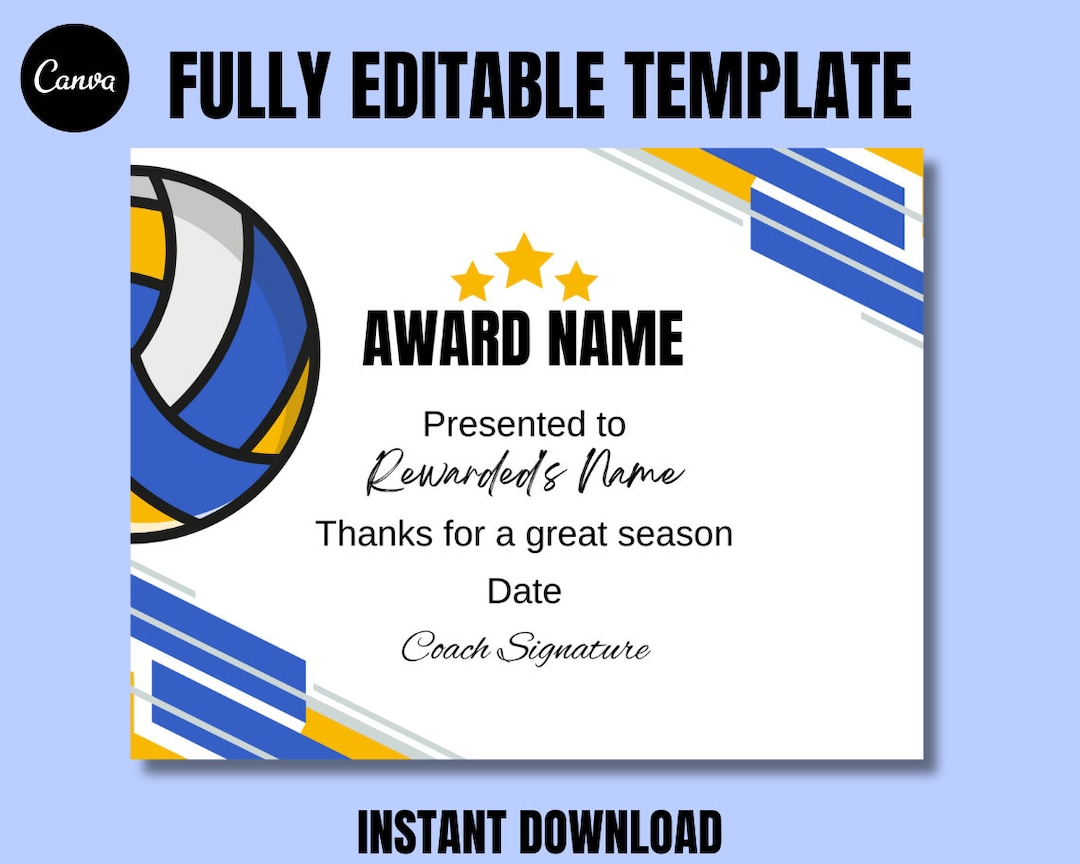 Editable Volleyball Award Certificate Template (PDF) - Etsy