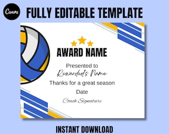 Editable Volleyball Certificate Award Template Printable Personalized ...