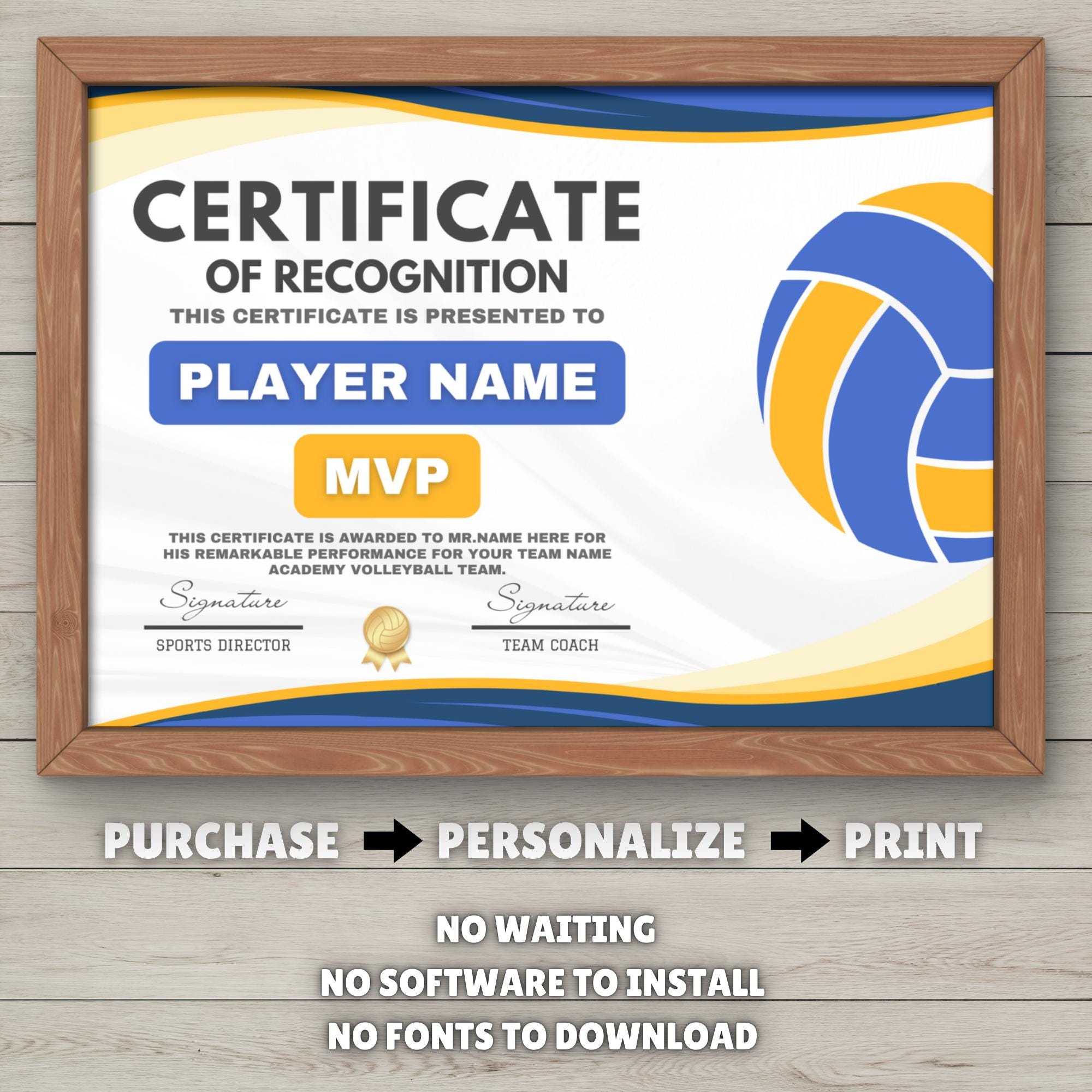 Editable Volleyball Team Certificate Award Canva Template Printable ...