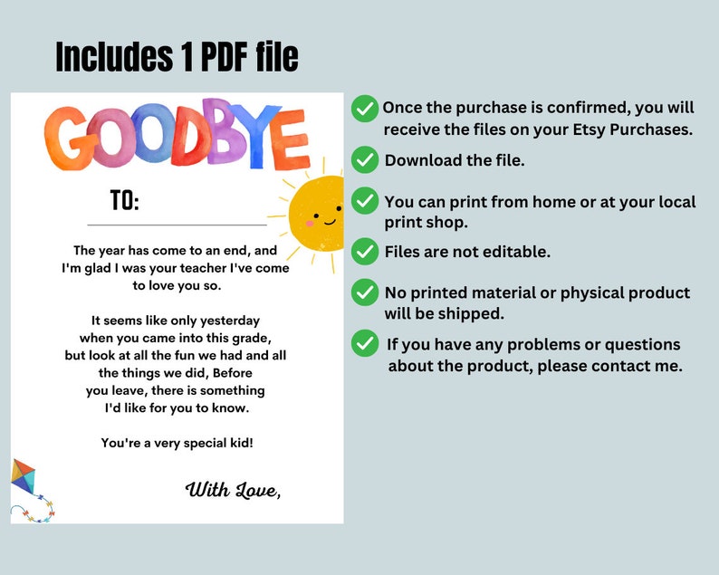 Printable End of School Letter Gift From Teacher 2023, Goodbye Poem for ...