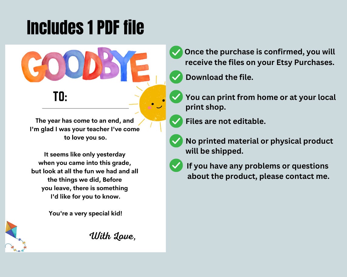 Printable End of School Letter Gift From Teacher 2023, Goodbye Poem for ...