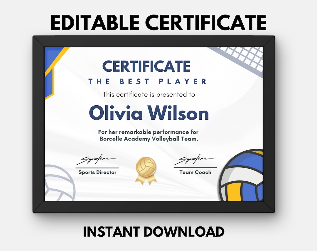 Editable Volleyball Certificate Award Template Printable Personalized ...