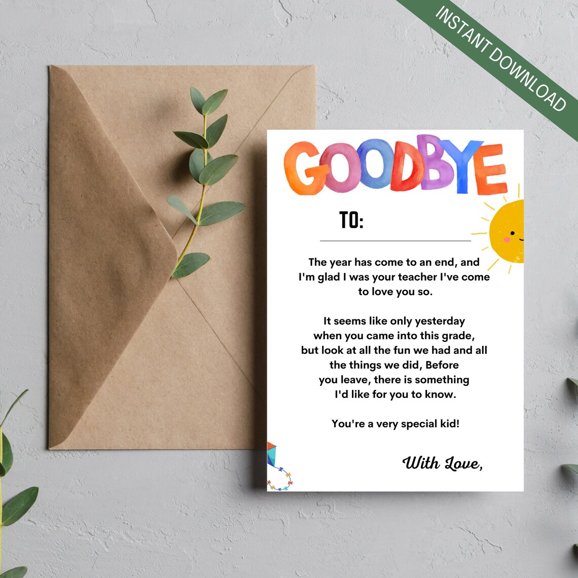 Printable End of School Letter Gift From Teacher 2023, Goodbye Poem for ...
