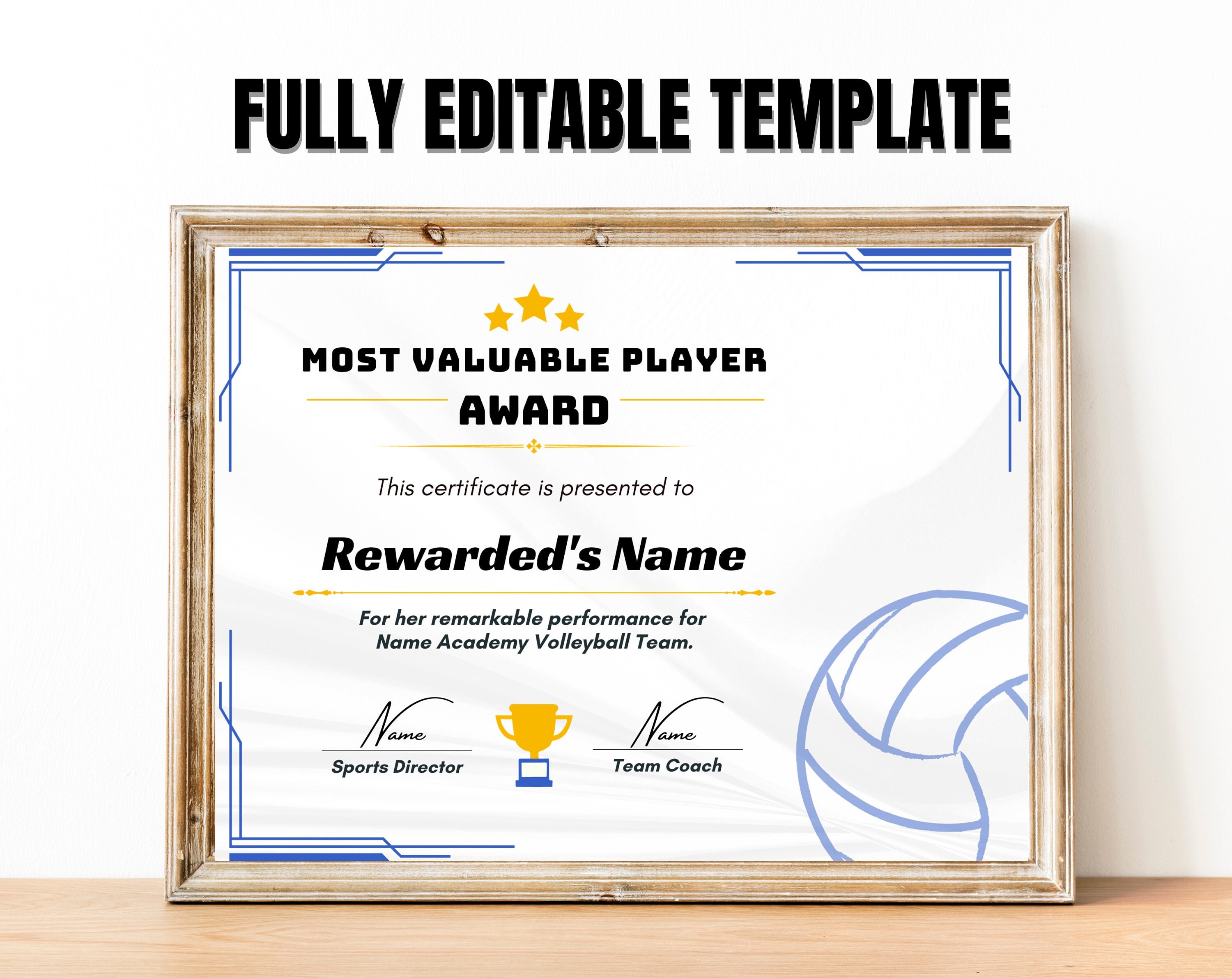 Editable Volleyball Certificate Award Canva Template,printable ...