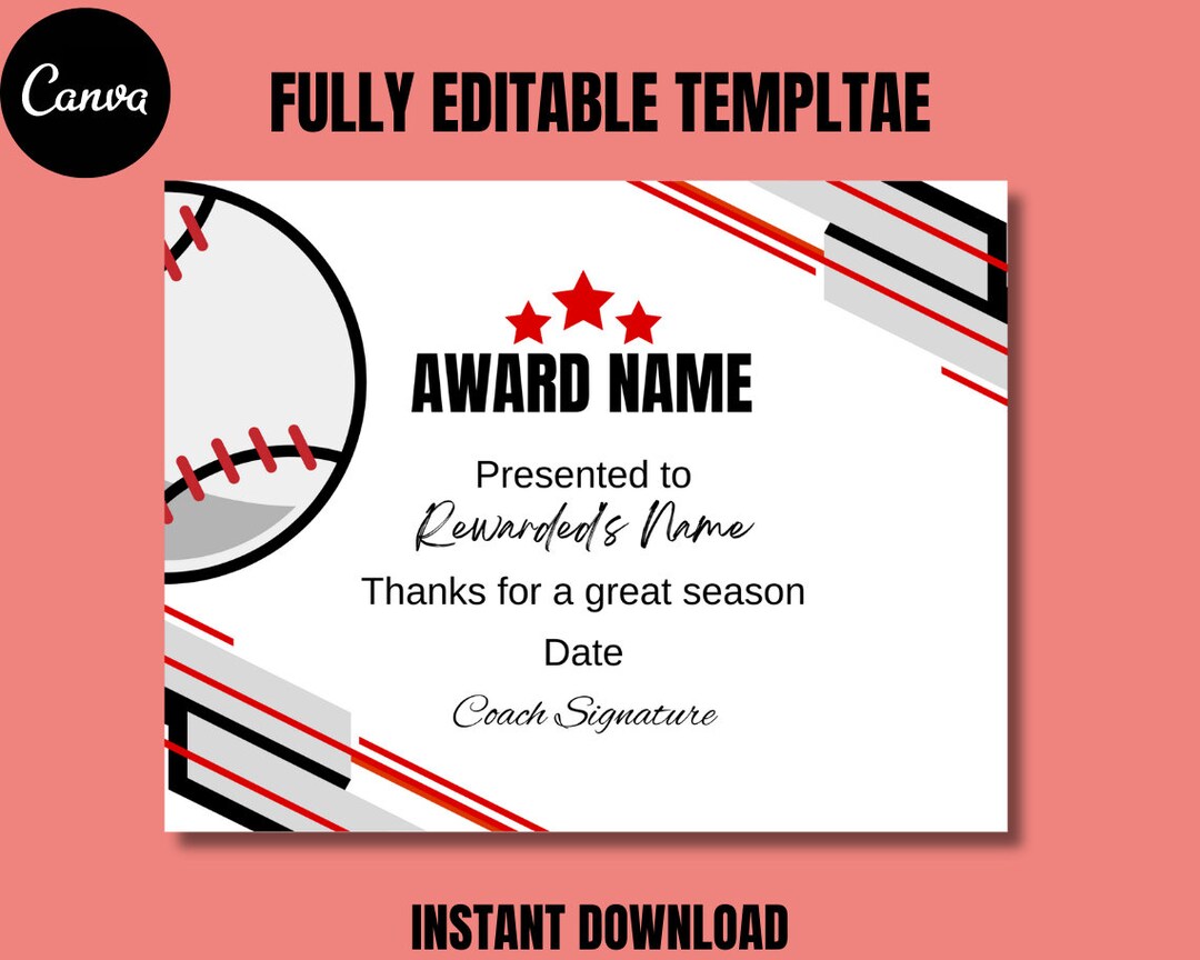 Editable Baseball Certificate Award Canva Template, Printable Baseball ...