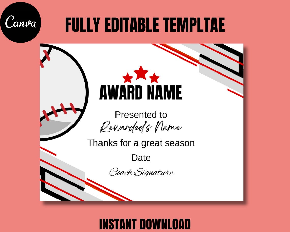 Editable Baseball Certificate Award Canva Template, Printable Baseball ...
